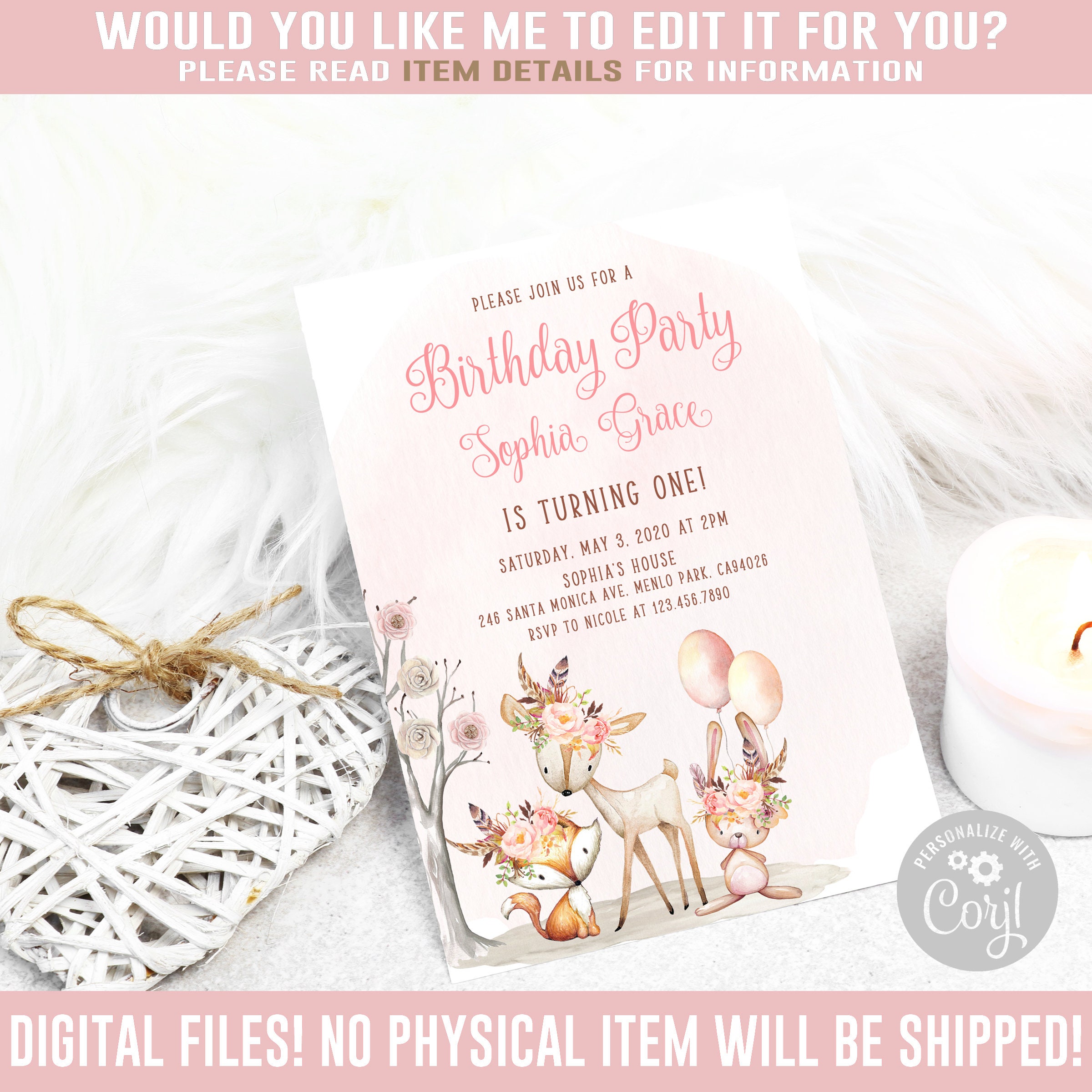 EDITABLE Birthday Invitation, Corjl Template, Watercolor Woodland ...