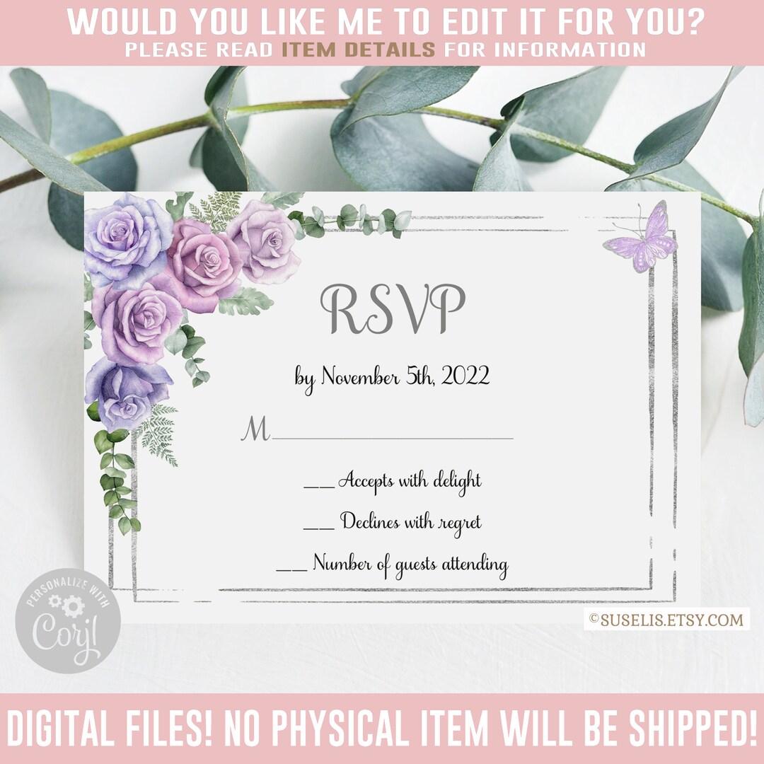 Editable RSVP Card, Kindly Reply, Silver Purple Floral, Butterfly, Mis ...