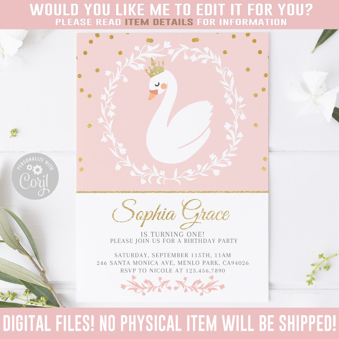 EDITABLE Princess Swan Birthday Invitation, Corjl Template, White Swan ...