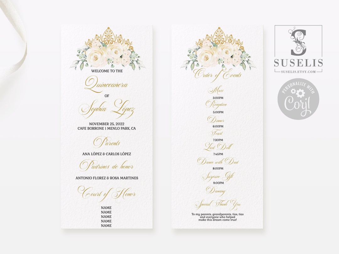 EDITABLE Program Template, White Flowers, Quinceañera, Sweet 16, Mis ...