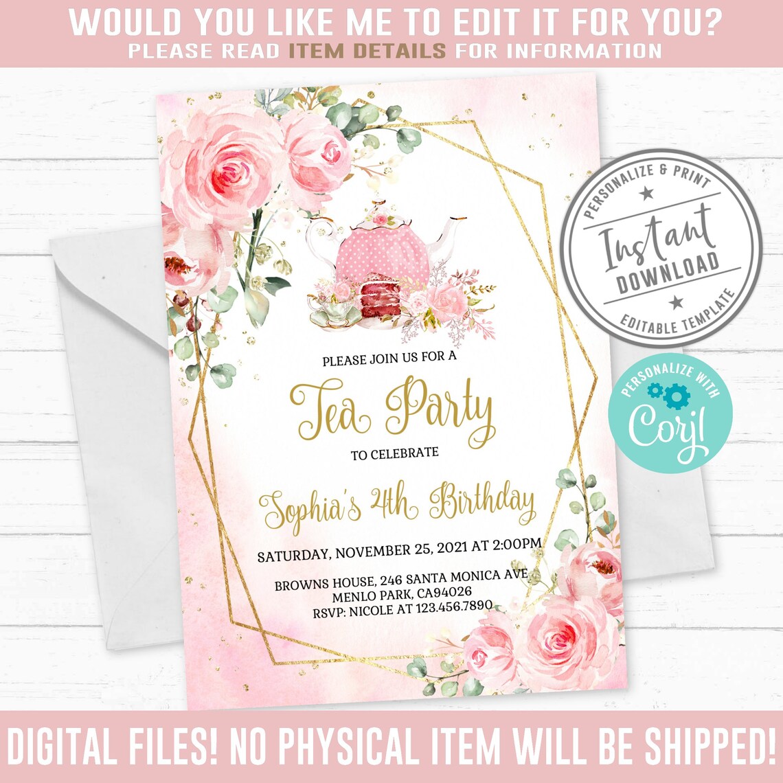EDITABLE Tea Party Birthday Invitation Corjl Template - Etsy