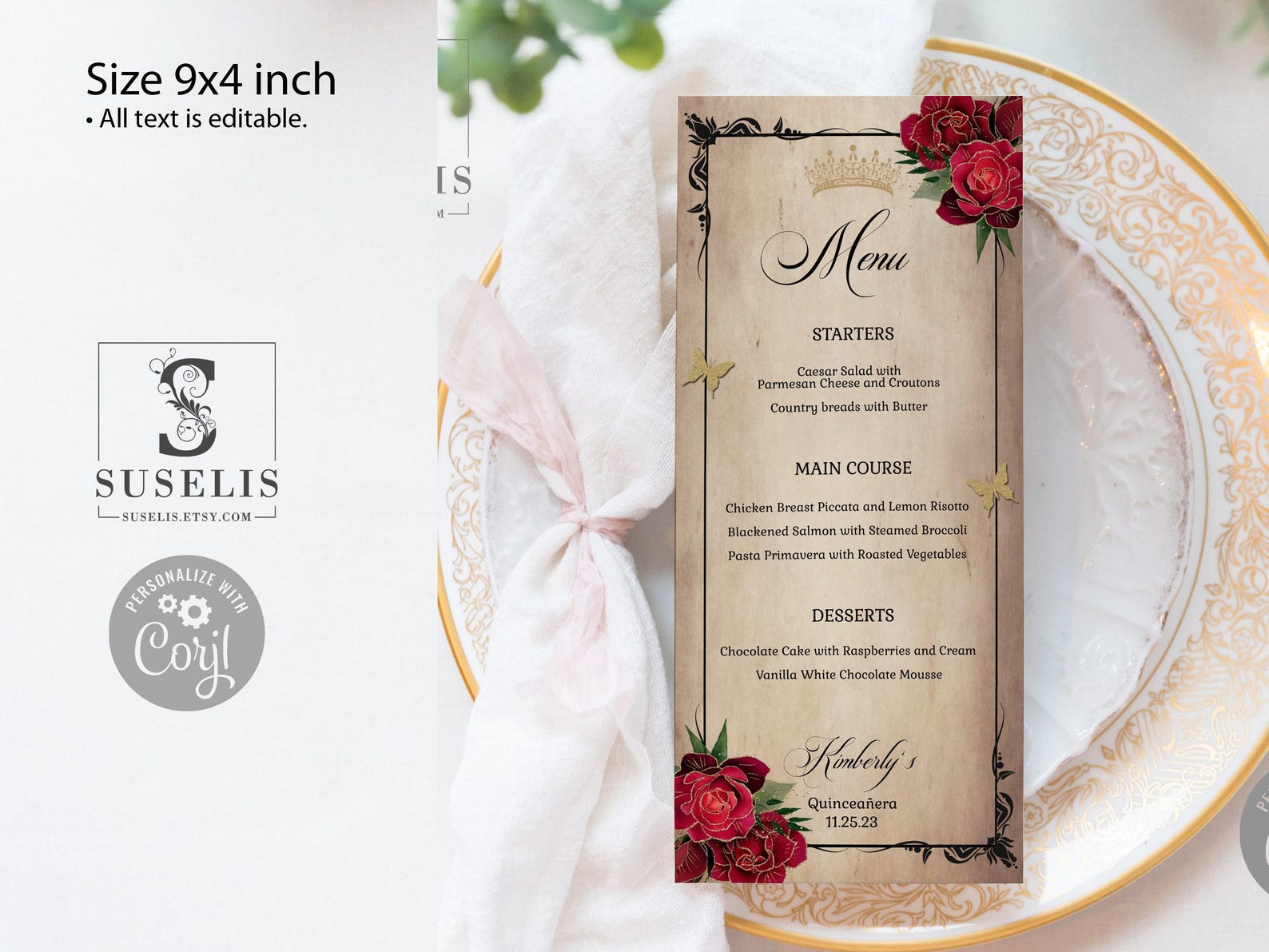 EDITABLE Menu Template, Quinceanera, Sweet 16, Vintage Red Roses ...
