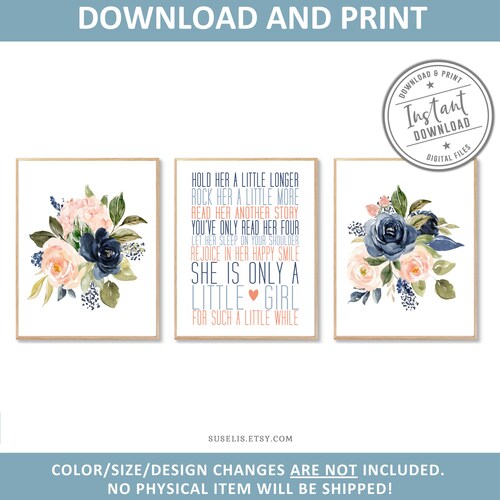 Navy Blush Pink Floral Printable Nursery Art Boho Girls - Etsy