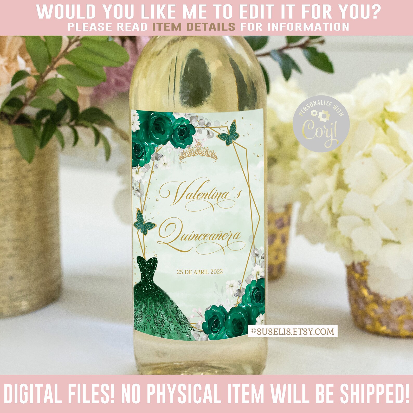 EDITABLE Quinceañera Wine Bottle Labels, Emerald Green, Butterfly, Mis ...