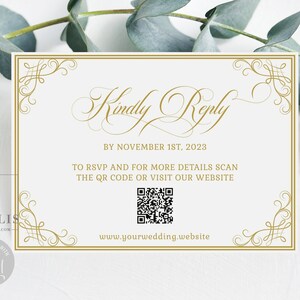 Editable RSVP Card, Kindly Reply, Gold Corners, Upload QR Code, White ...