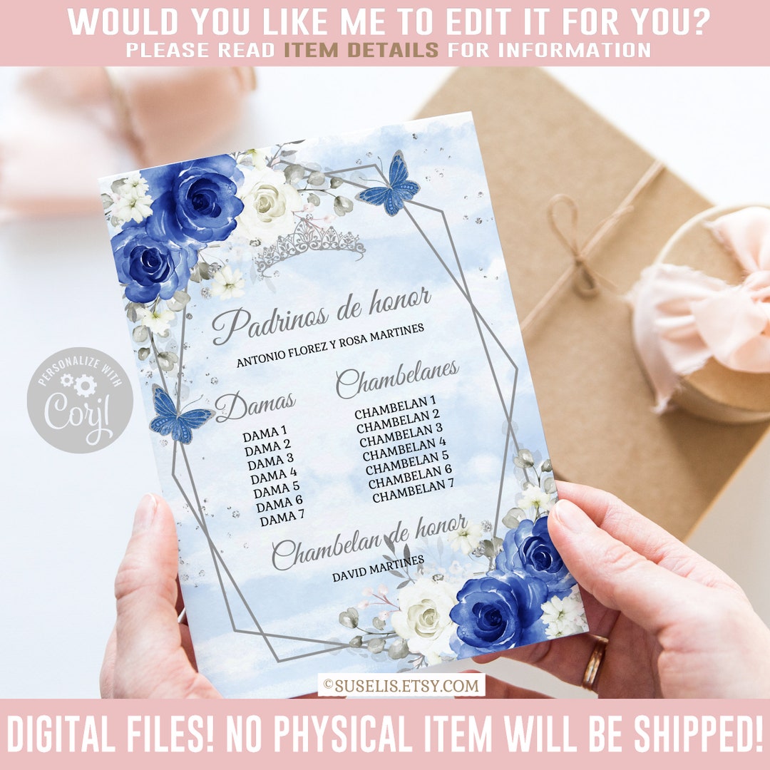 EDITABLE Lista De Padrinos, List of Godparents, Blue Flowers, Butterfly ...