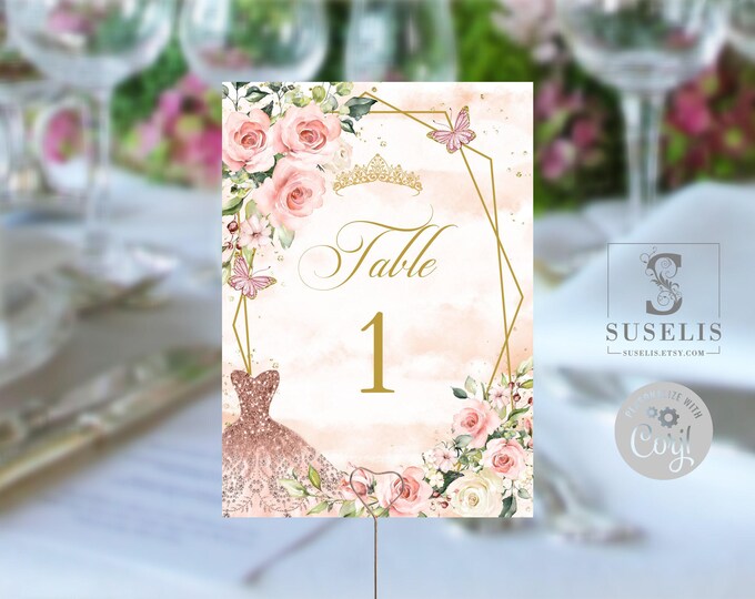 EDITABLE Table Numbers Template, Quinceanera, Blush Pink Flowers ...
