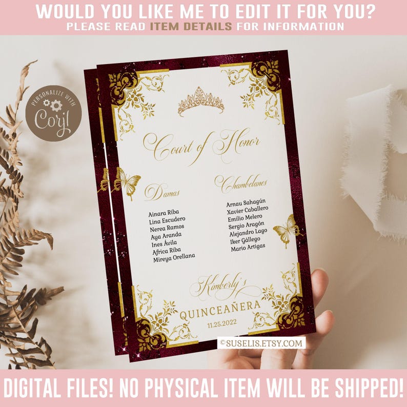 EDITABLE Bi-fold Quinceanera Program Template, Burgundy Floral ...
