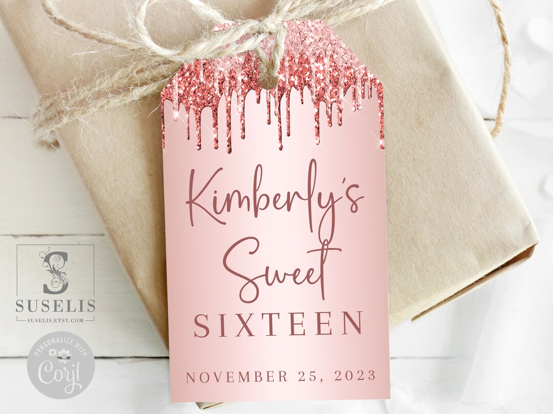 Editable Template Rose Gold Sweet 16 Favor Tag, Blush Pink, Gift Tag ...