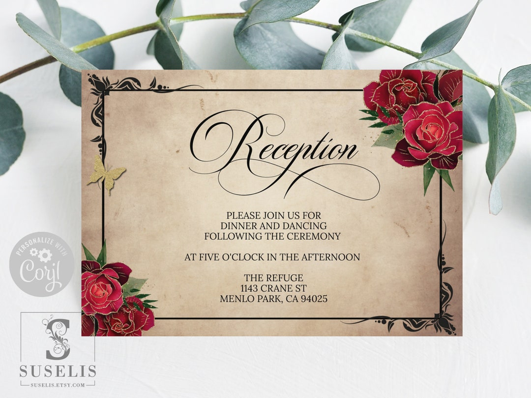 Editable Reception Card, Vintage Red Roses, Rustic, Inserts Card ...