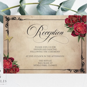 Editable Reception Card, Vintage Red Roses, Rustic, Inserts Card ...