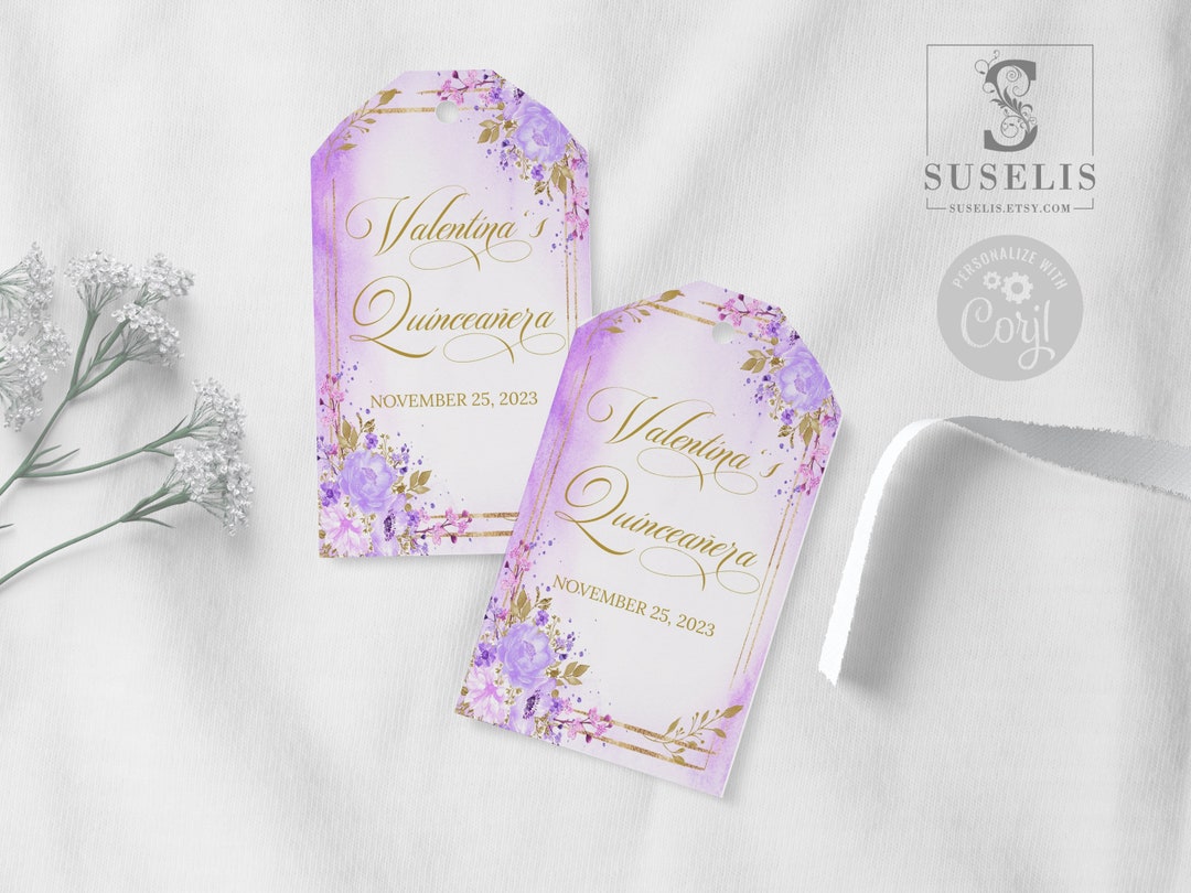 Editable Quinceanera Favor Tag Template, Purple Flowers, Gift Tag ...