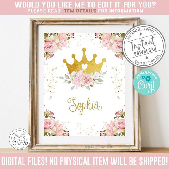 Editable Name Printable Princess Gold Foil Crown Corjl | Etsy