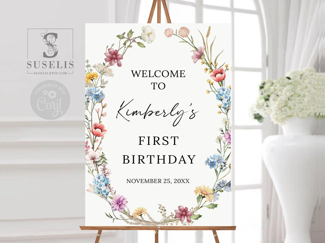 EDITABLE Template Wildflower Birthday Welcome Sign, Spring Flower ...