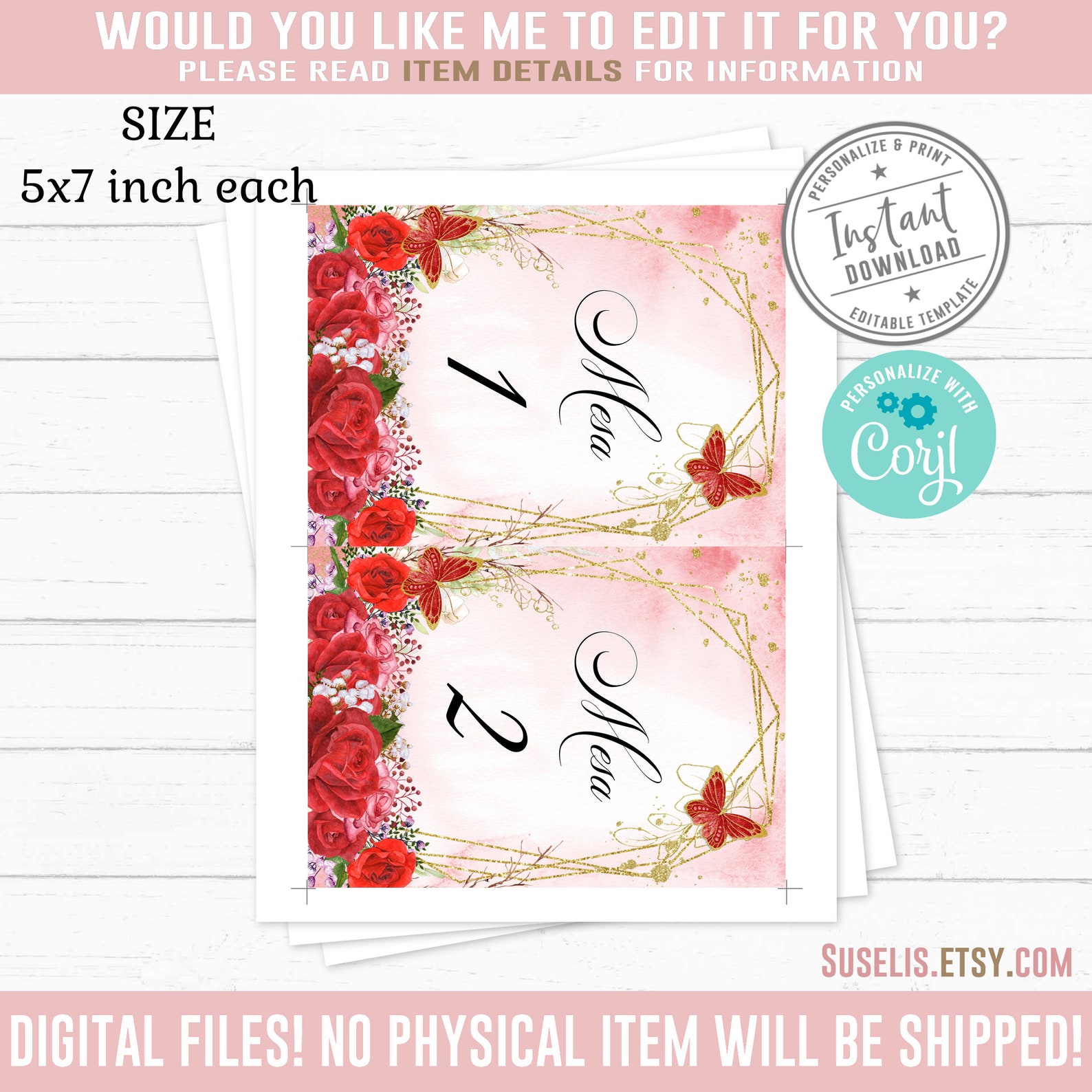 EDITABLE Table Numbers Quinceanera Red Gold Flowers - Etsy