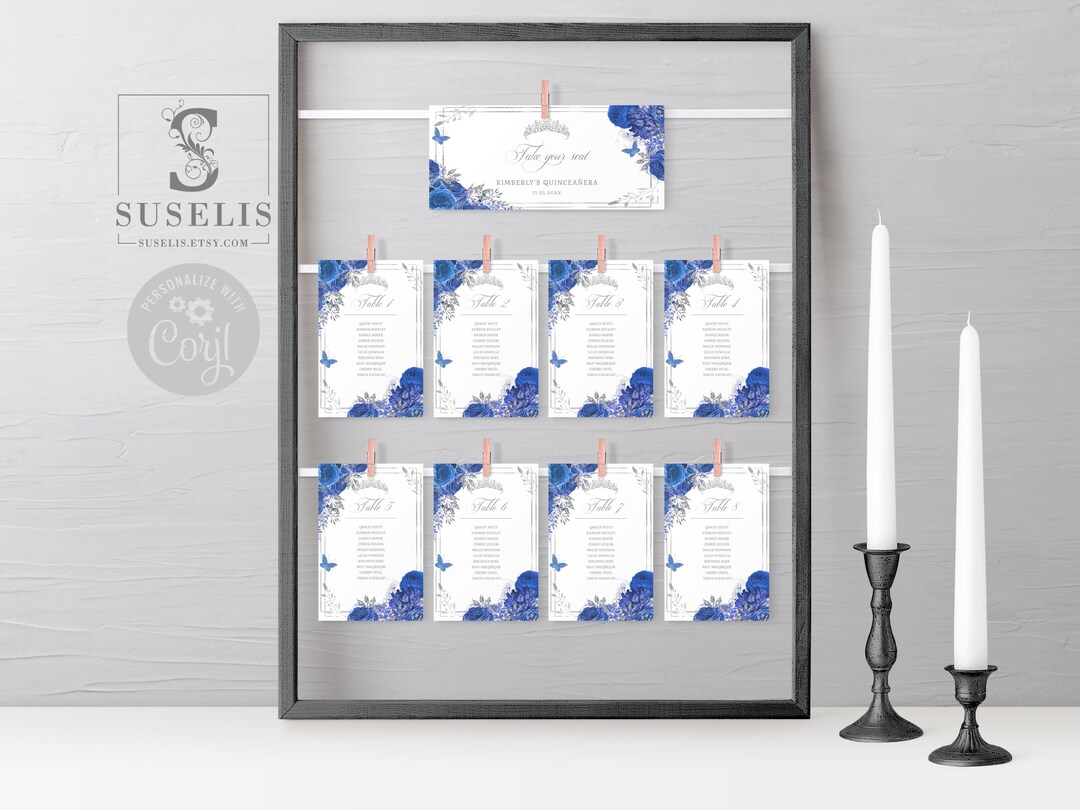 EDITABLE Template Table Seating Chart Cards, Table Plan, Royal Blue ...