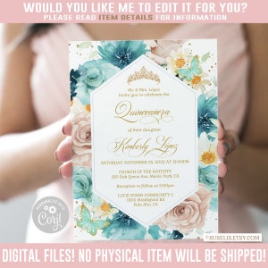 EDITABLE Quinceanera Invitation & Back Turquoise Teal - Etsy