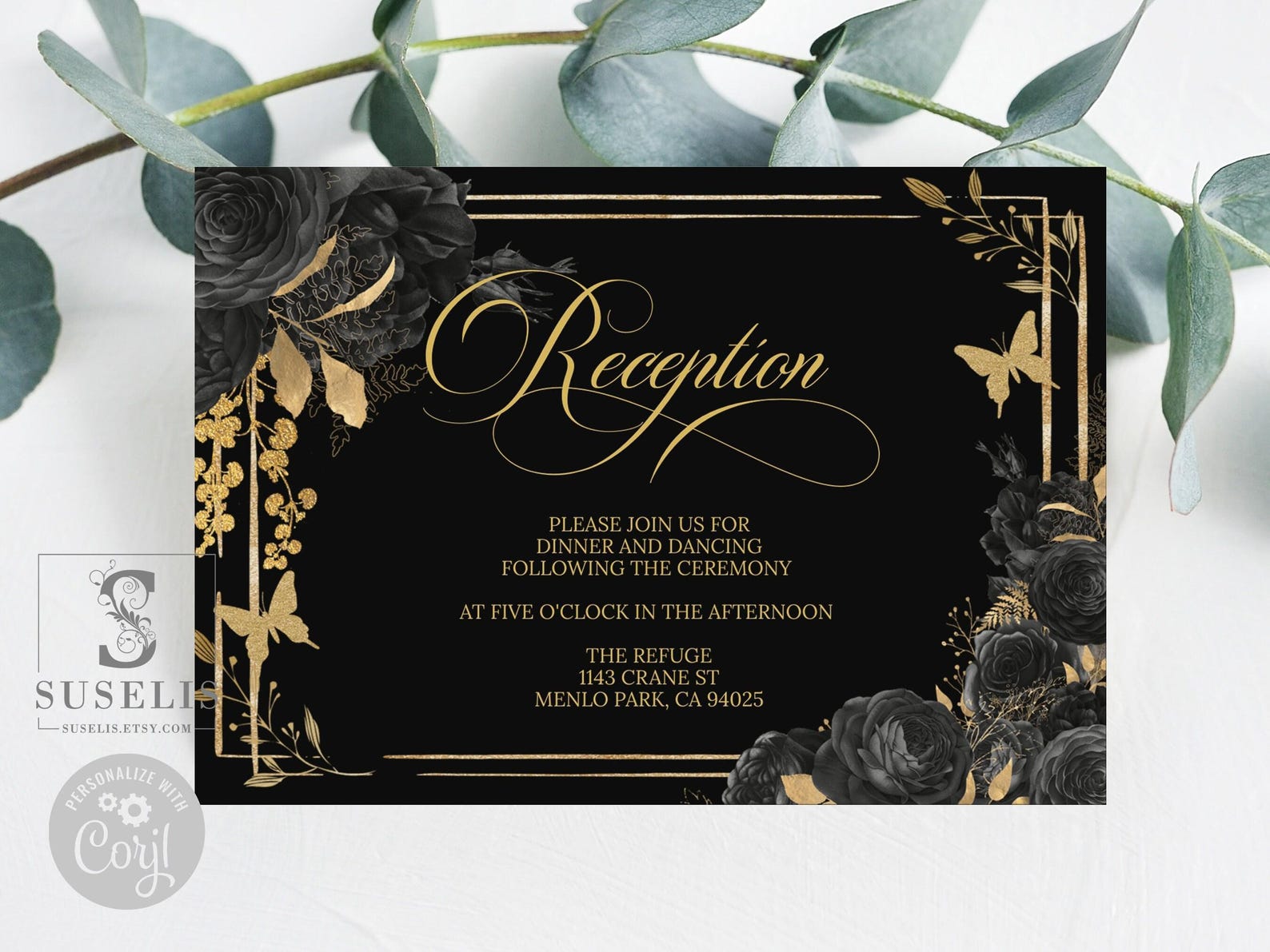 Editable Reception Card, Template, Black Roses Flowers, Insert Card ...