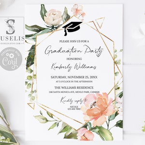EDITABLE Template Graduation Party Invitation, Blush Pink Flowers ...