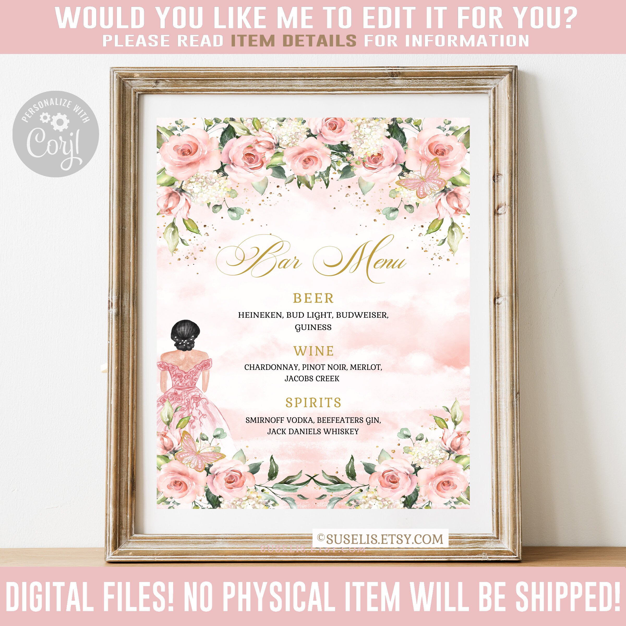 EDITABLE Quinceanera Bar Menu Sign Drinks Corjl Template | Etsy