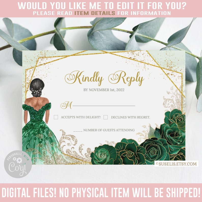 Editable RSVP Card Kindly Reply Emerald Green Gold Flowers - Etsy