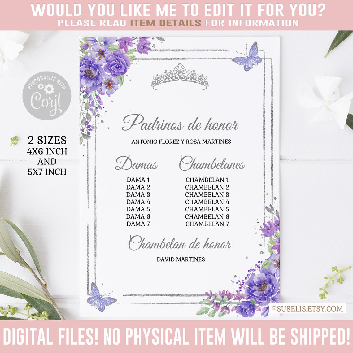 EDITABLE Lista De Padrinos List of Godparents Purple Silver - Etsy