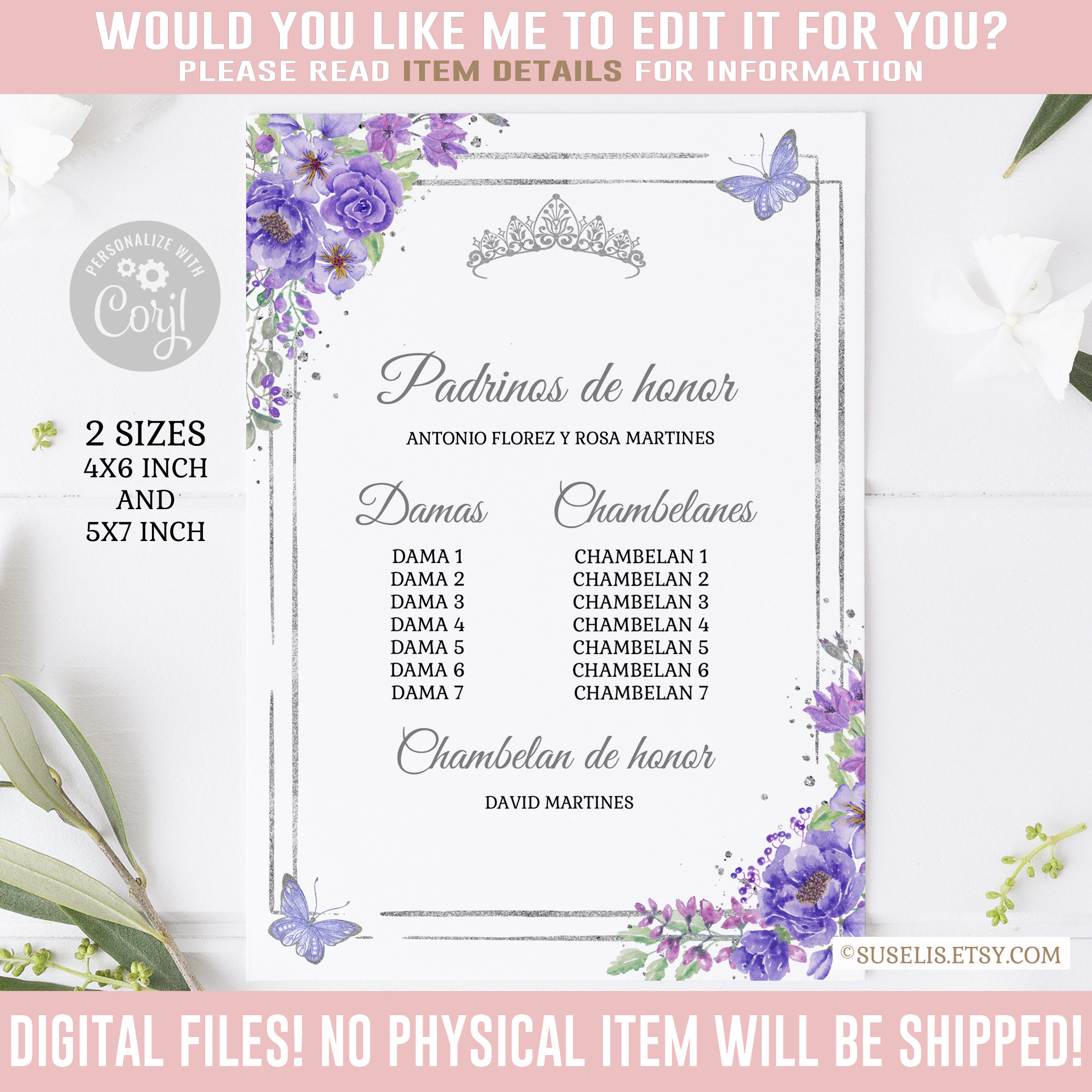 EDITABLE Lista De Padrinos List of Godparents Purple Silver - Etsy UK