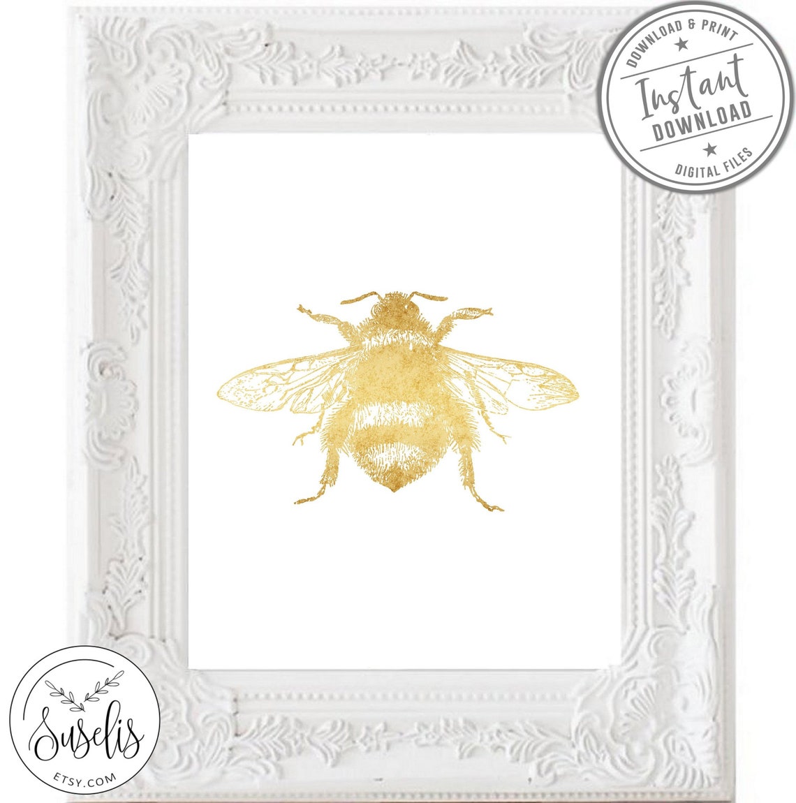 Printable Gold Bumblebee Print, Bee Illustration, Gold White Bumblebee ...