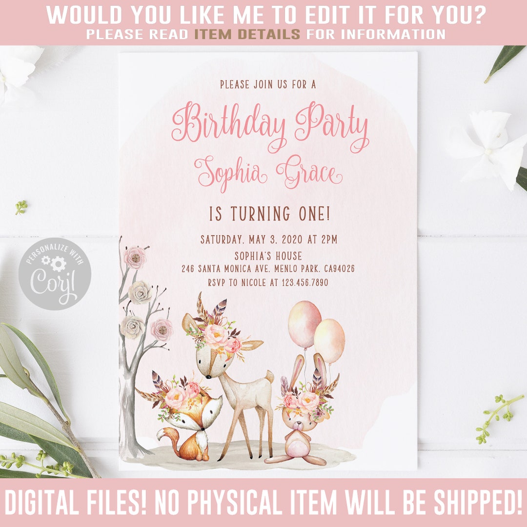 EDITABLE Birthday Invitation, Corjl Template, Watercolor Woodland ...