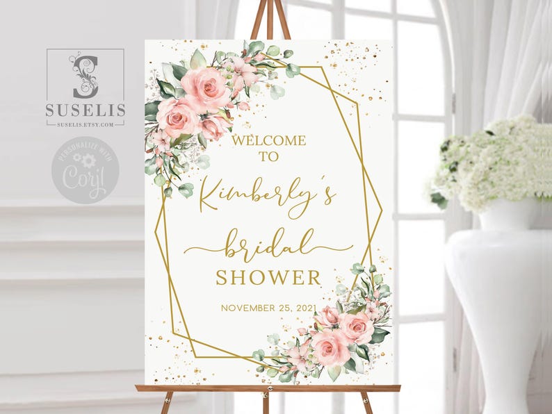 EDITABLE Welcome Sign, Blush Pink Flowers, Bridal Shower, Quinceañera ...