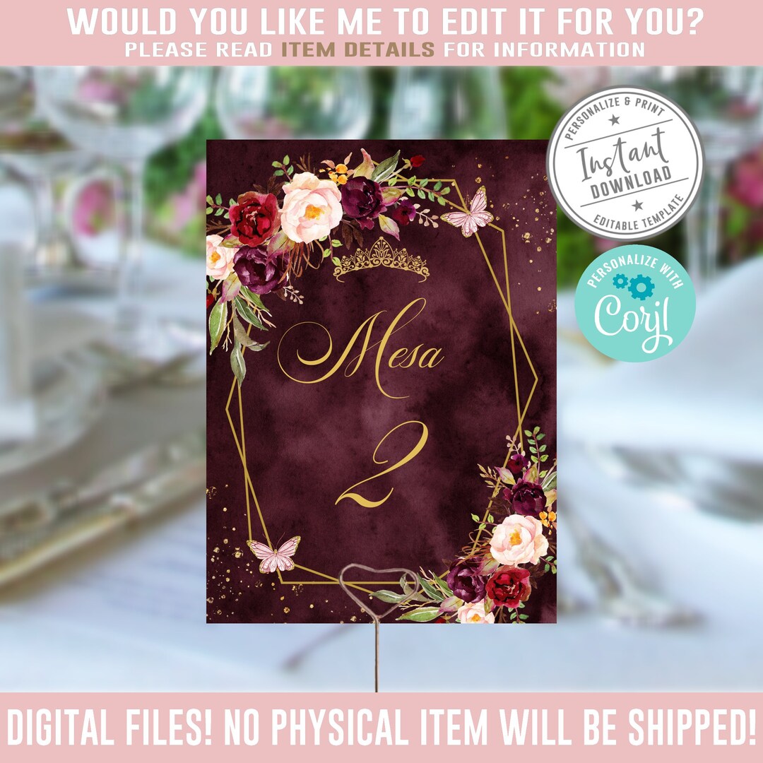 EDITABLE Quinceanera Table Numbers, Burgundy, Marsala, Mis Quince Anos ...