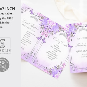 EDITABLE Bi-fold Quinceanera Program Template, Purple Flowers, Padrinos ...
