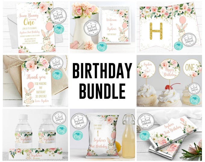 EDITABLE Blush Pink Floral Party Package, Printable Decorations, 1st ...