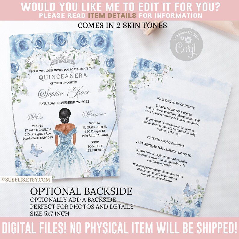 EDITABLE Quinceanera Invitation & Back Blue Flowers - Etsy