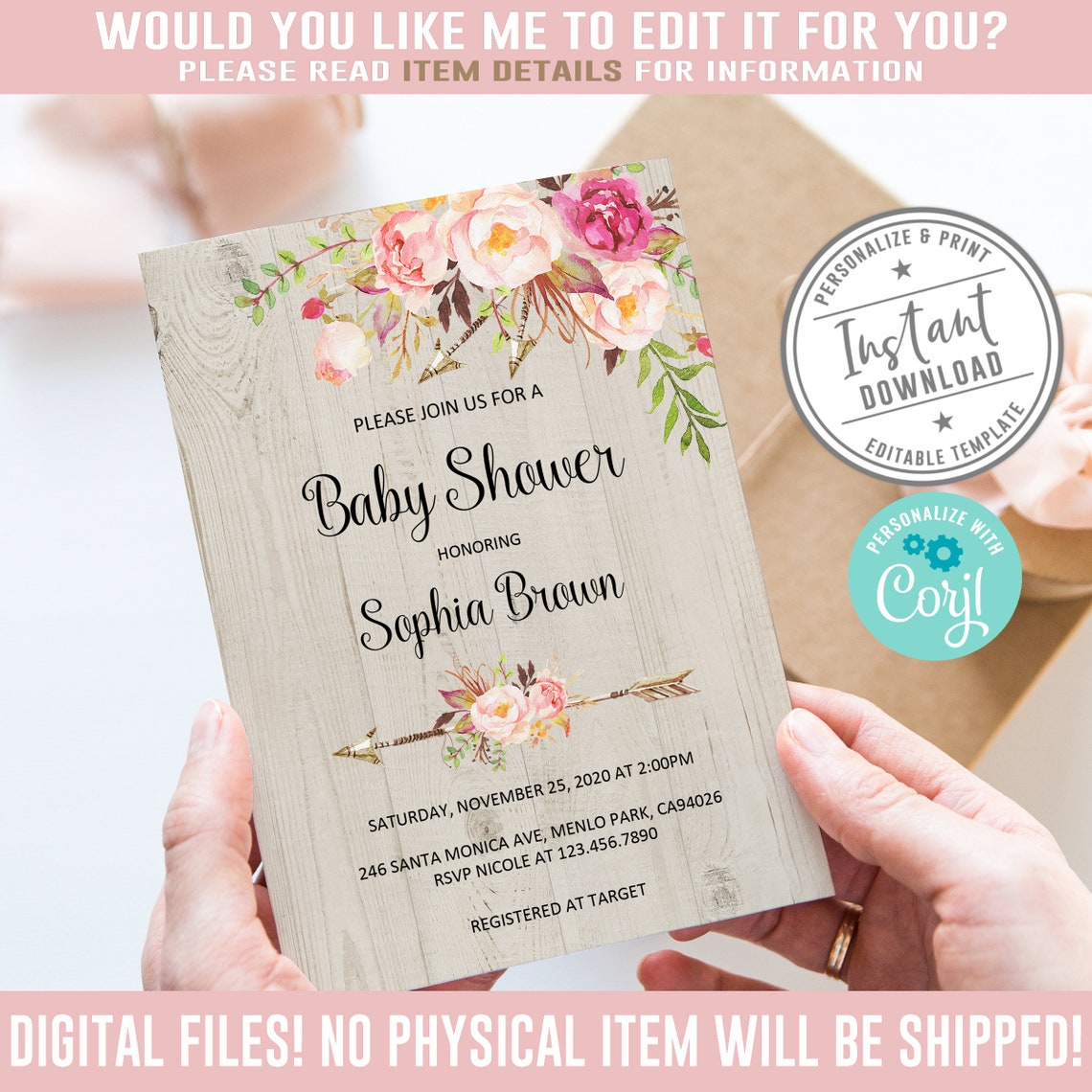 EDITABLE Baby Shower Invitation Corjl Template Blush Pink - Etsy