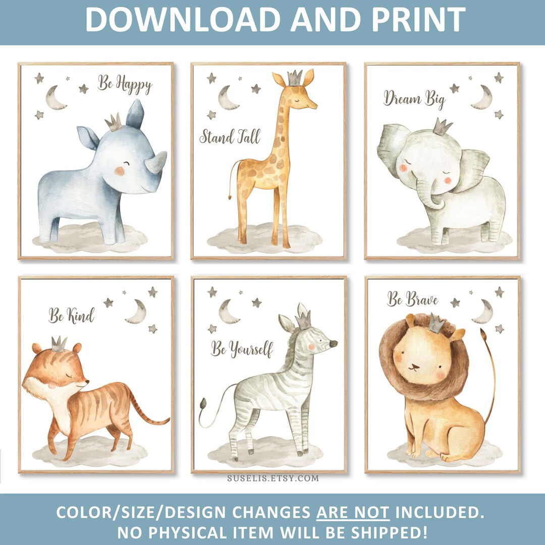 Safari Animals Prints, Printable Set of 6, Neutral Nursery Decor ...