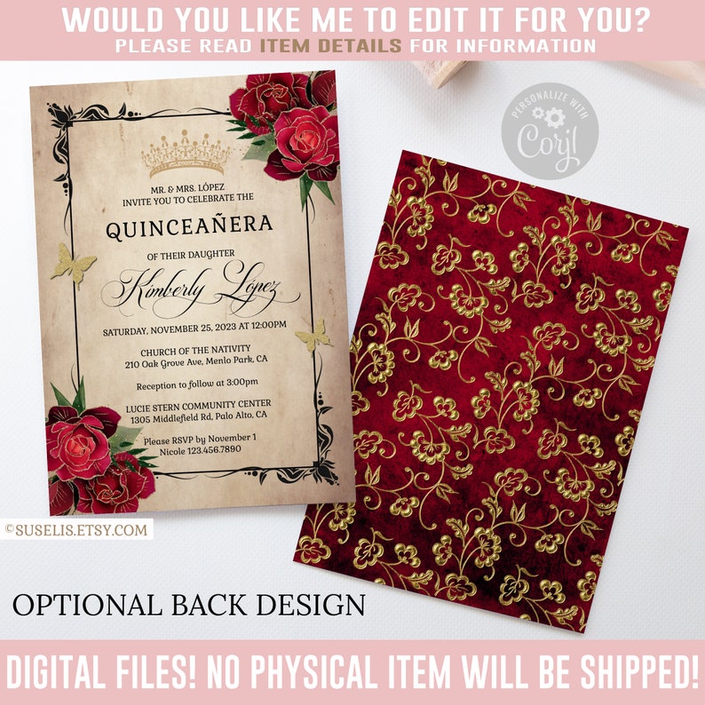 EDITABLE Quinceanera Invitation & Back Vintage Red Roses - Etsy
