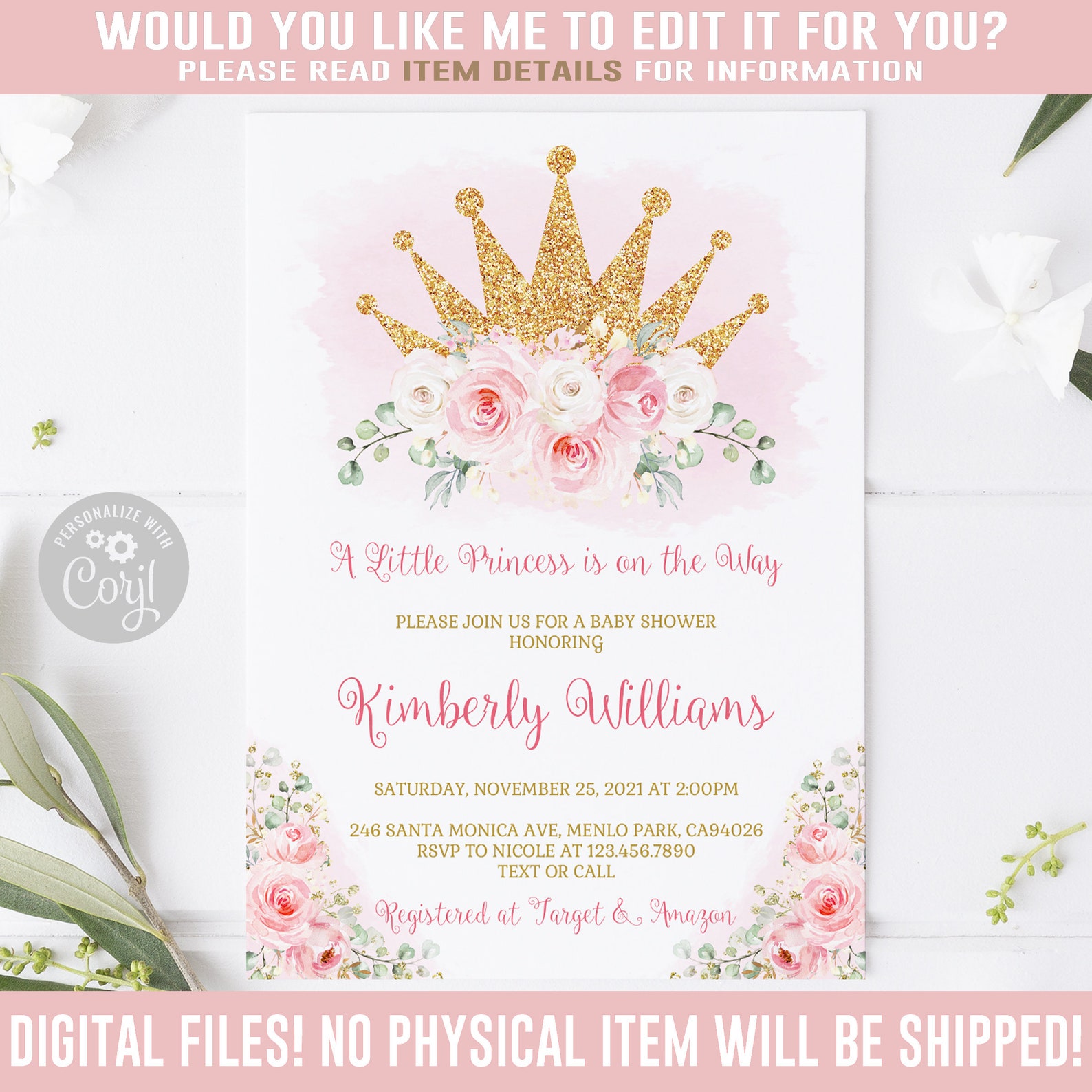 EDITABLE Princess Baby Shower Invitation Corjl Template | Etsy