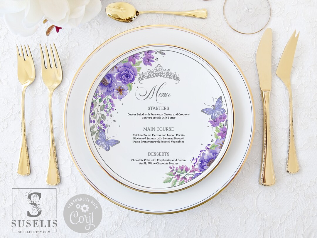 EDITABLE Round Menu, Purple Silver Floral, Circle Menu, Quinceañera ...
