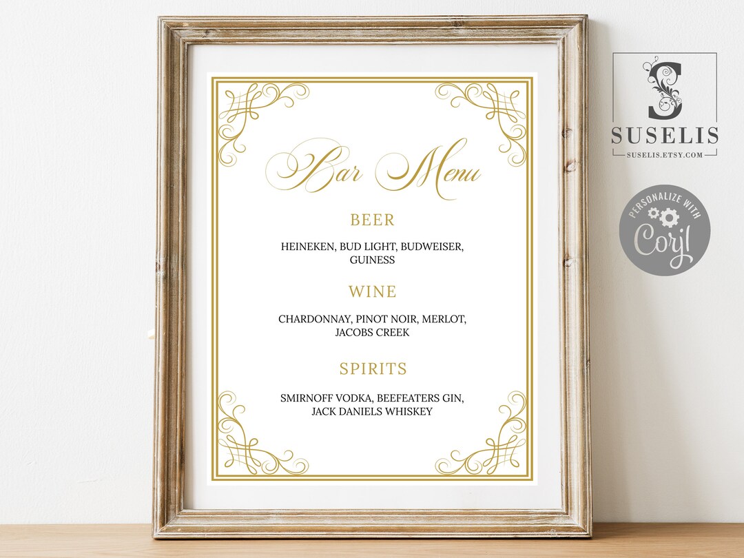 EDITABLE Bar Menu Sign Template, Drinks, Gold Ornaments, Sweet 16 ...