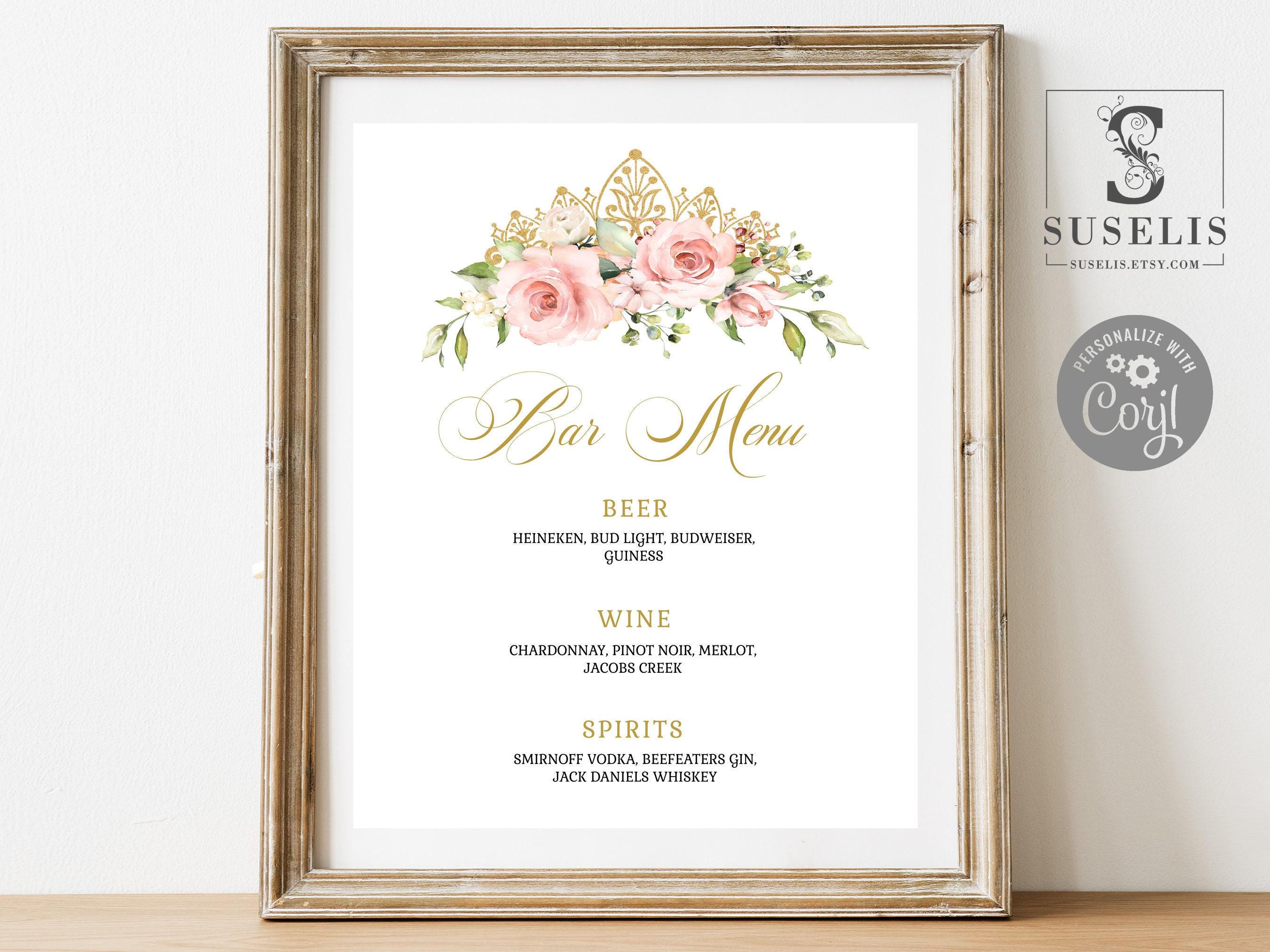 EDITABLE Bar Menu Sign Template, Drinks, Blush Pink Flowers ...
