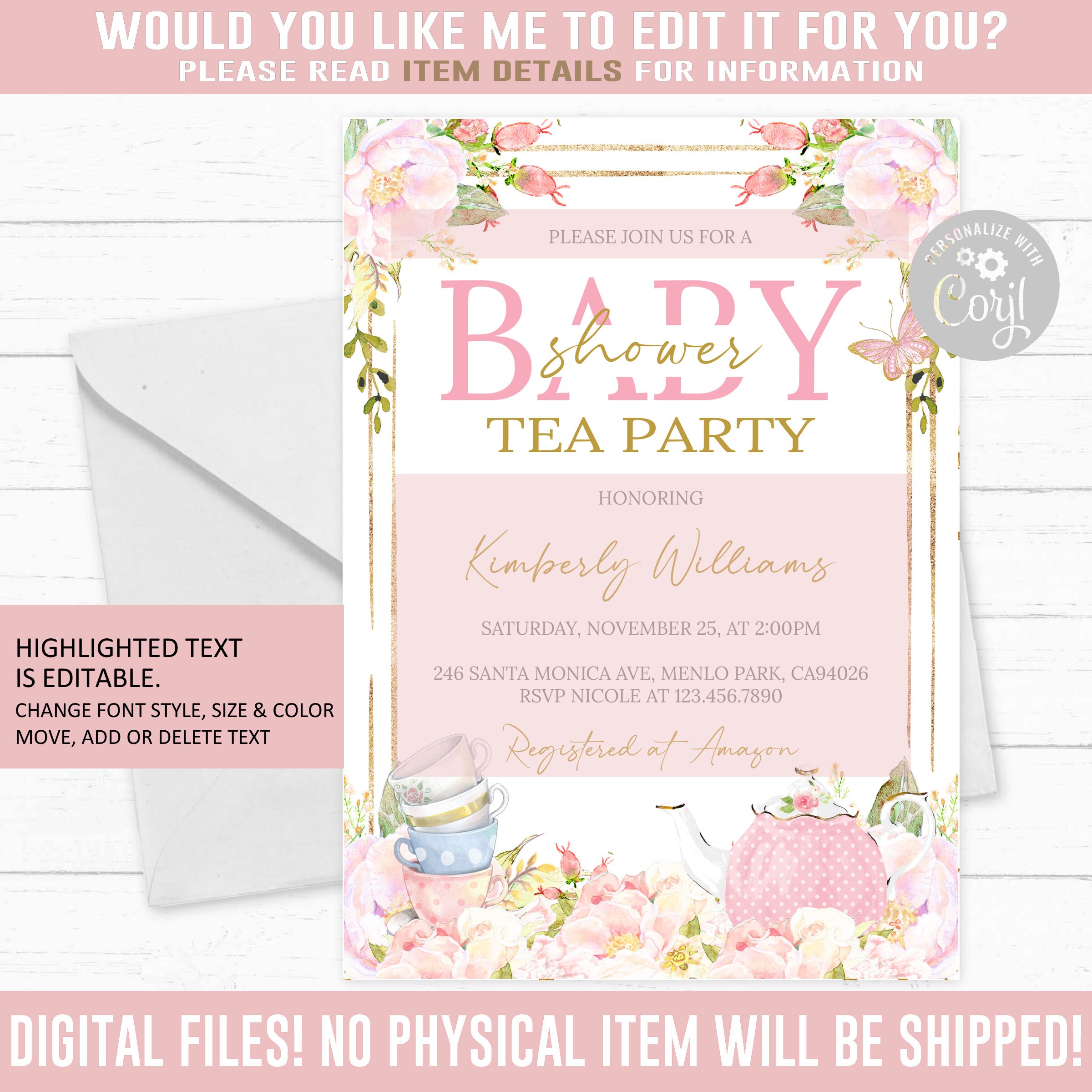 EDITABLE Tea Party Baby Shower Sprinkle Invitation Corjl | Etsy