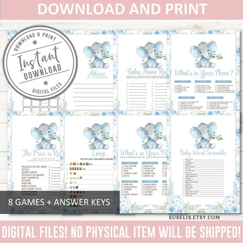 Blue Elephant Baby Shower Game Package 8 Printable Elephant - Etsy