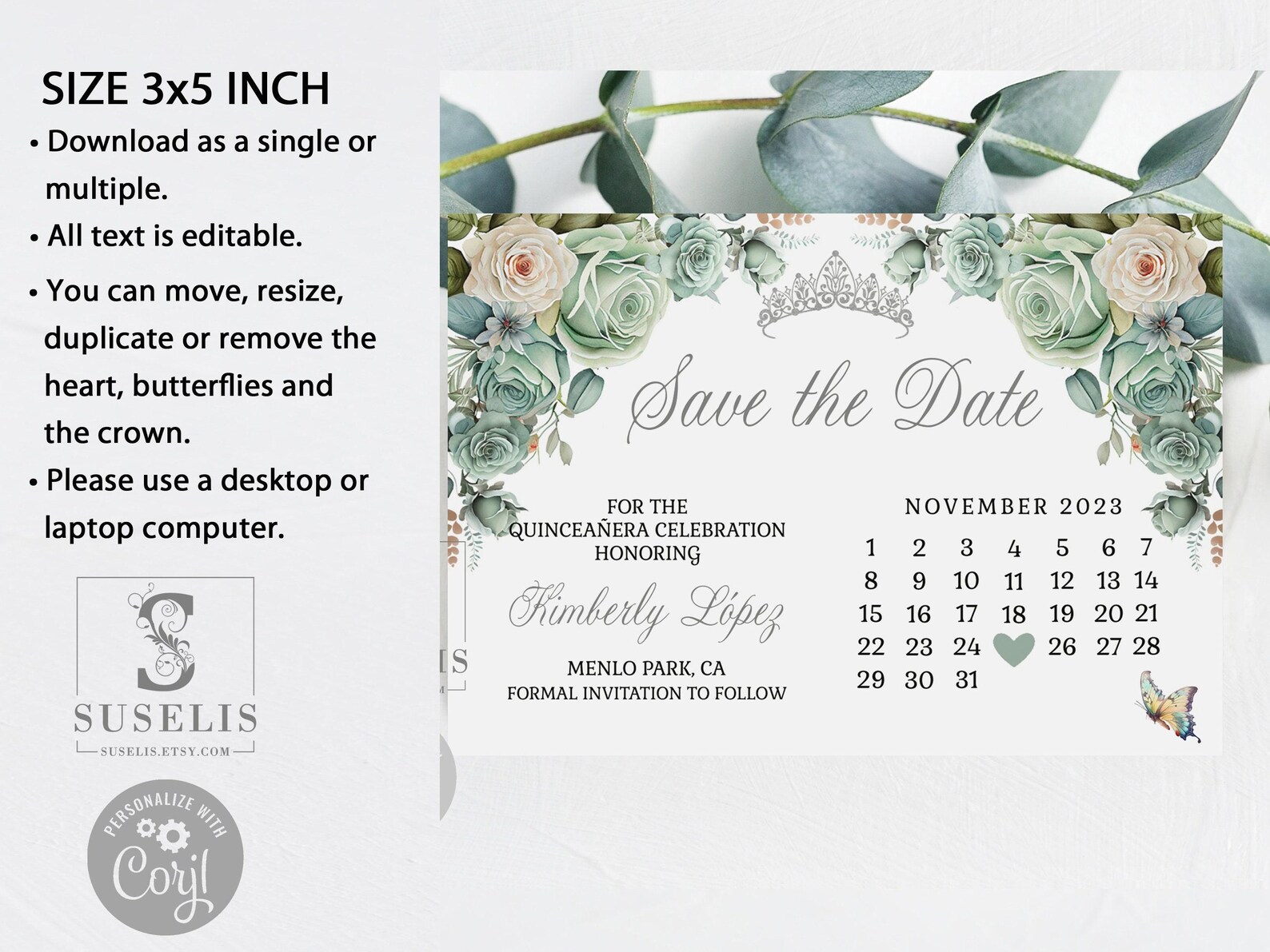 Editable Sage Green Save the Date Calendar Template, Flowers, Butterfly ...