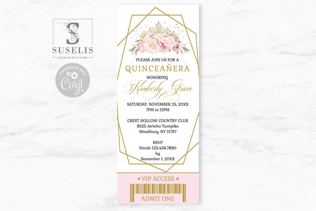 EDITABLE Template Quinceanera VIP Ticket Invitation, Blush Pink Flowers ...
