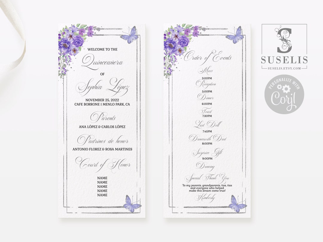 EDITABLE Program Template, Purple Flowers, Quinceañera, Sweet Sixten ...