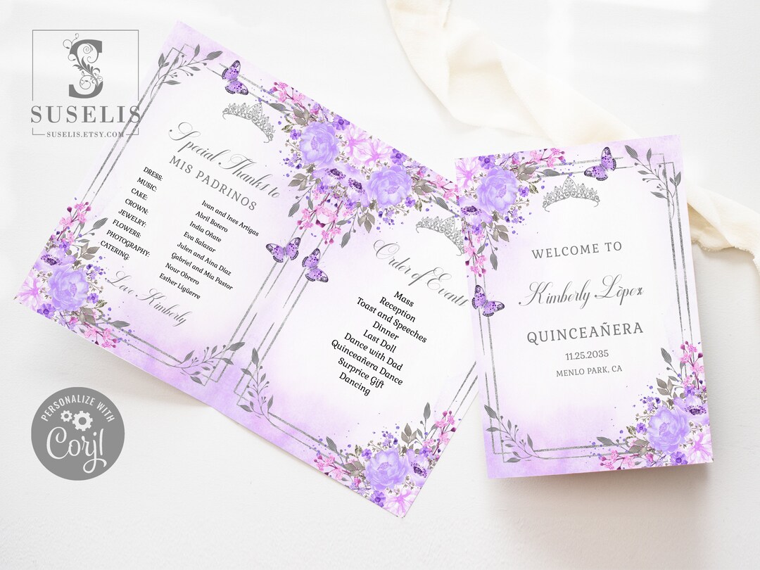 EDITABLE Bi-fold Quinceanera Program Template, Purple Flowers, Padrinos ...