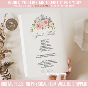 EDITABLE Bi-fold Quinceanera Program Template, Court of Honor, Blush Pink Flower, Mis Quince ...