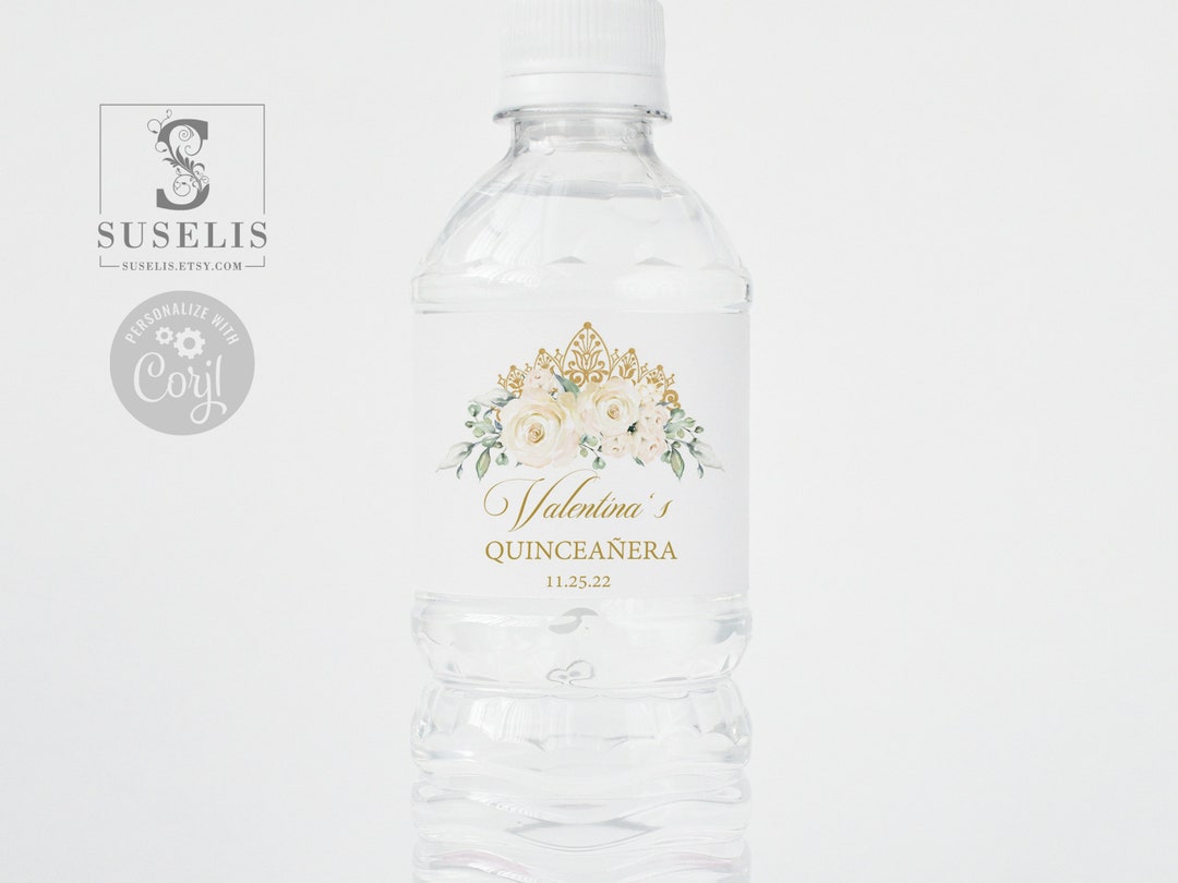 EDITABLE Water Bottle Label Template, Quinceanera, White Sage Flowers ...