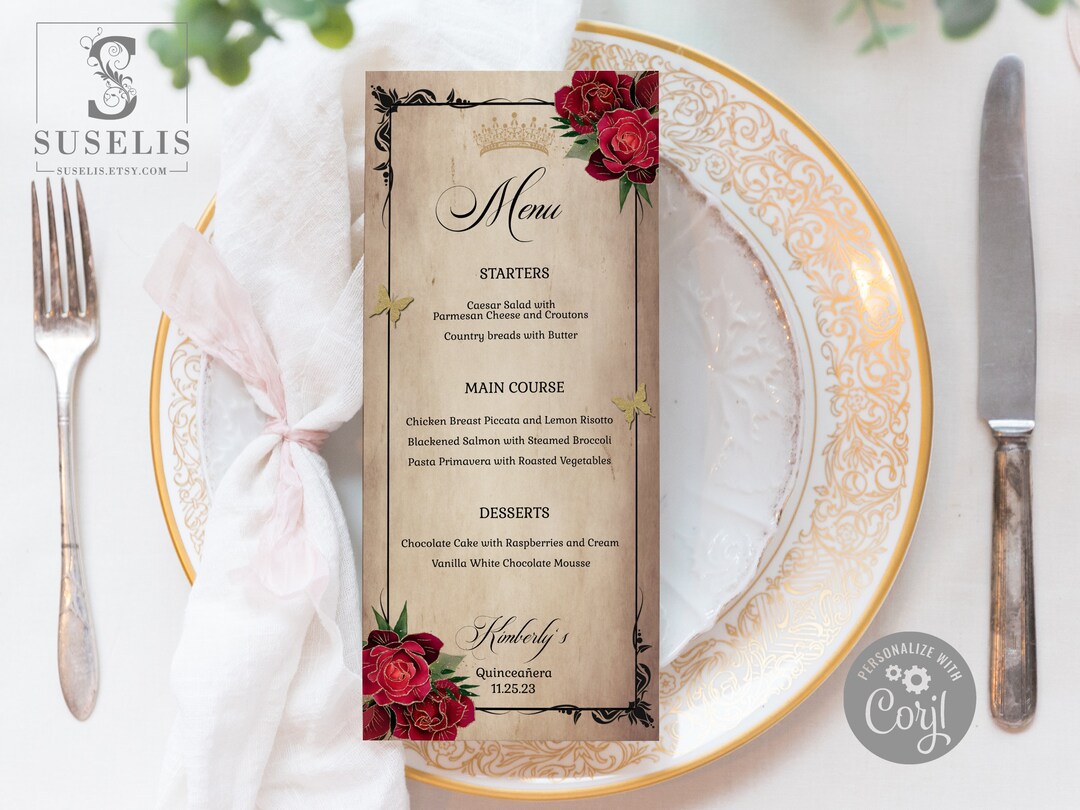 EDITABLE Menu Template, Quinceanera, Sweet 16, Vintage Red Roses ...